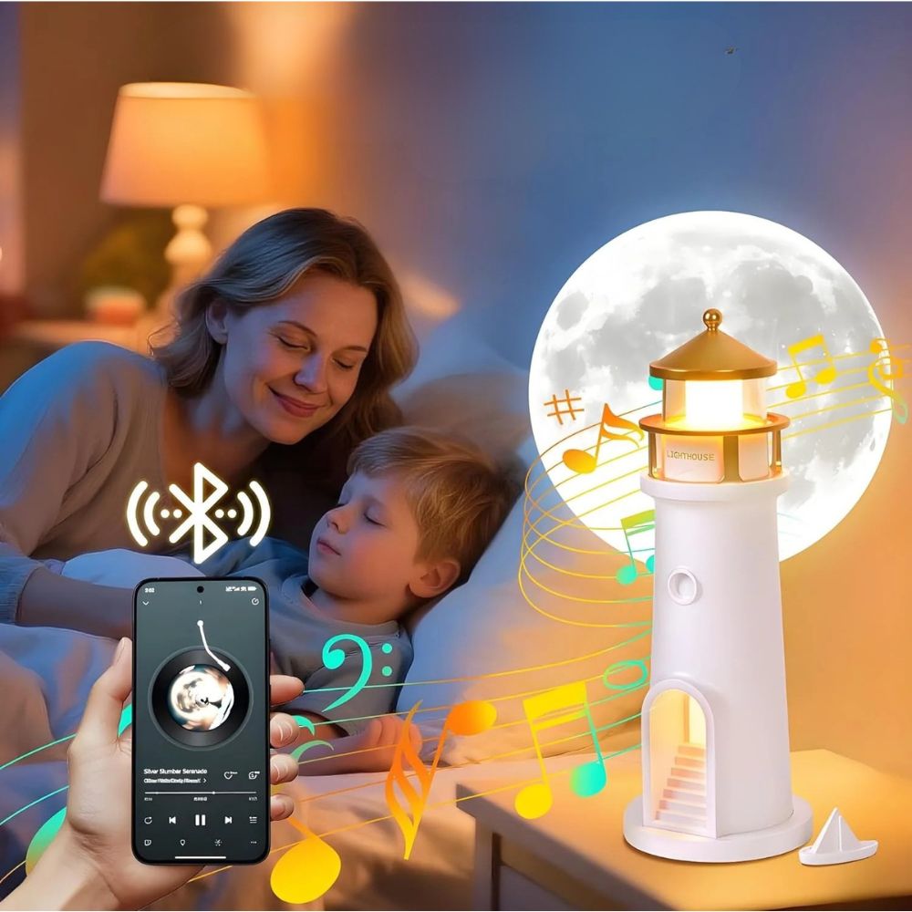 Veilleuse projection lune en forme de phare • Veilleuse